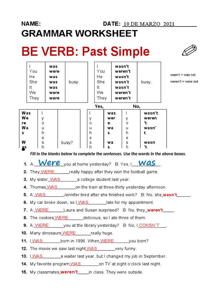BE VERB: Past Simple: Grammar Worksheet | PDF