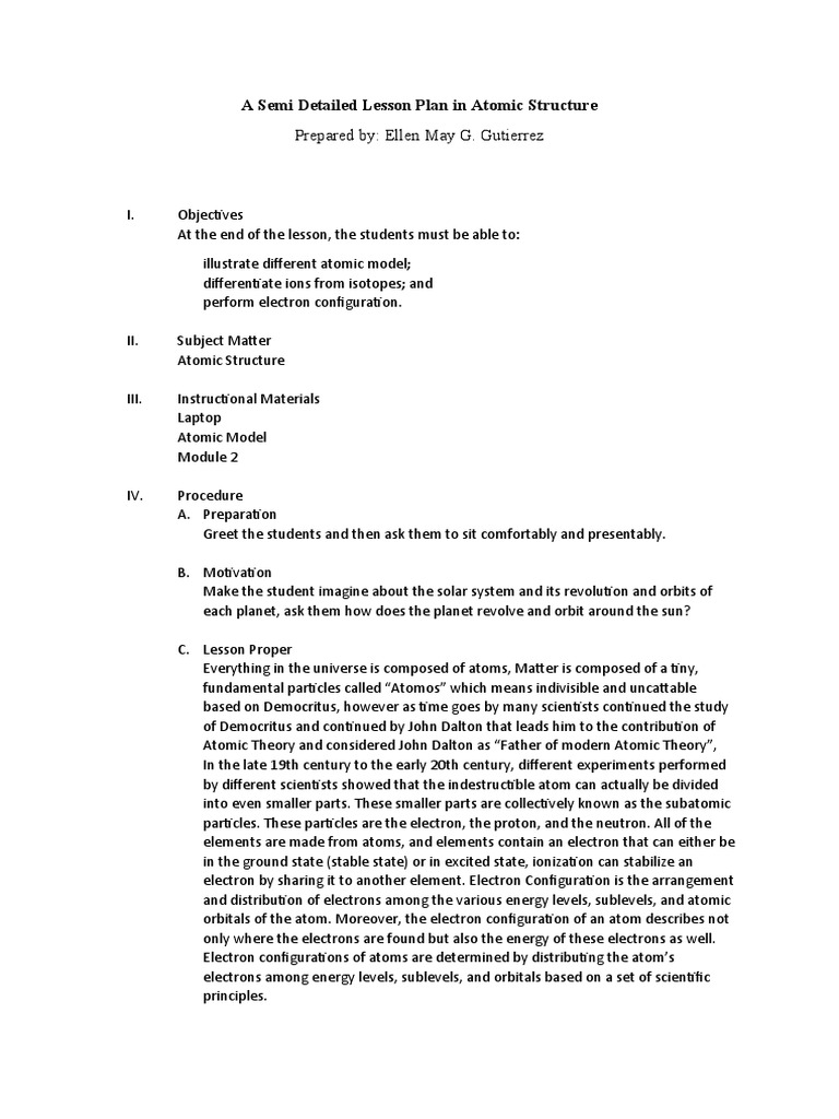 Semi Detailed Lesson Plan | PDF | Atoms | Electron Configuration