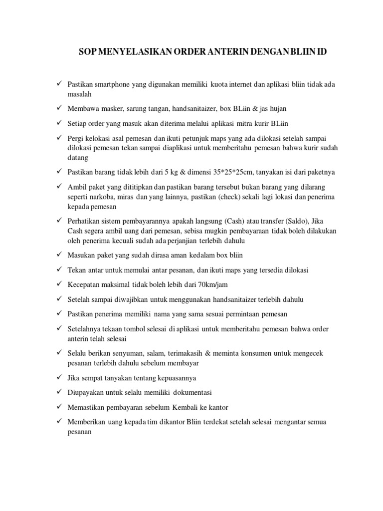 SOP Mitra Kurir BLiin ID | PDF