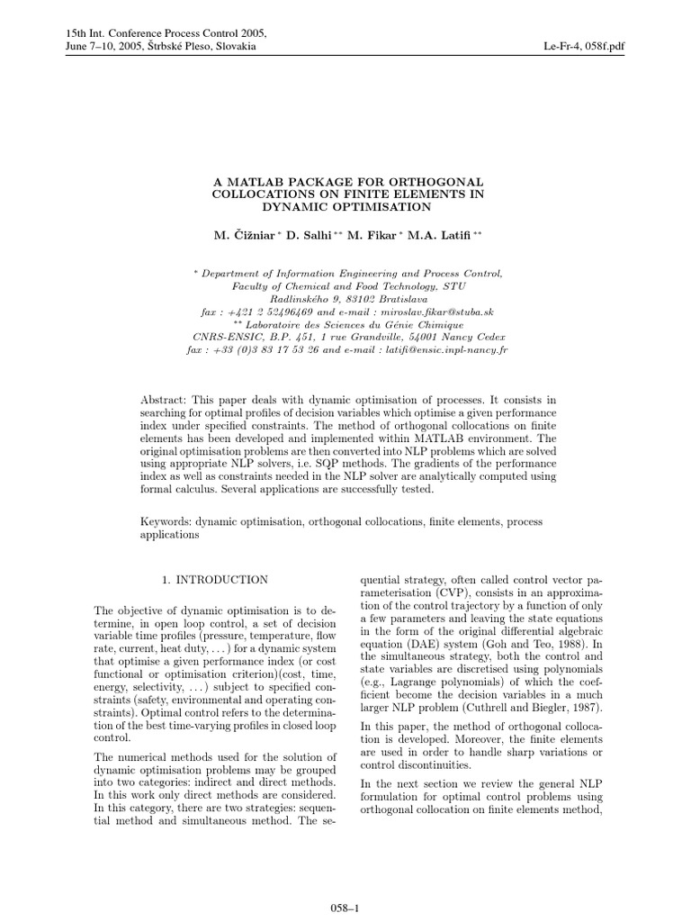 A Matlab Package For Orthogonal Collocations On Finite Elements in Dynamic Optimisation | PDF ...