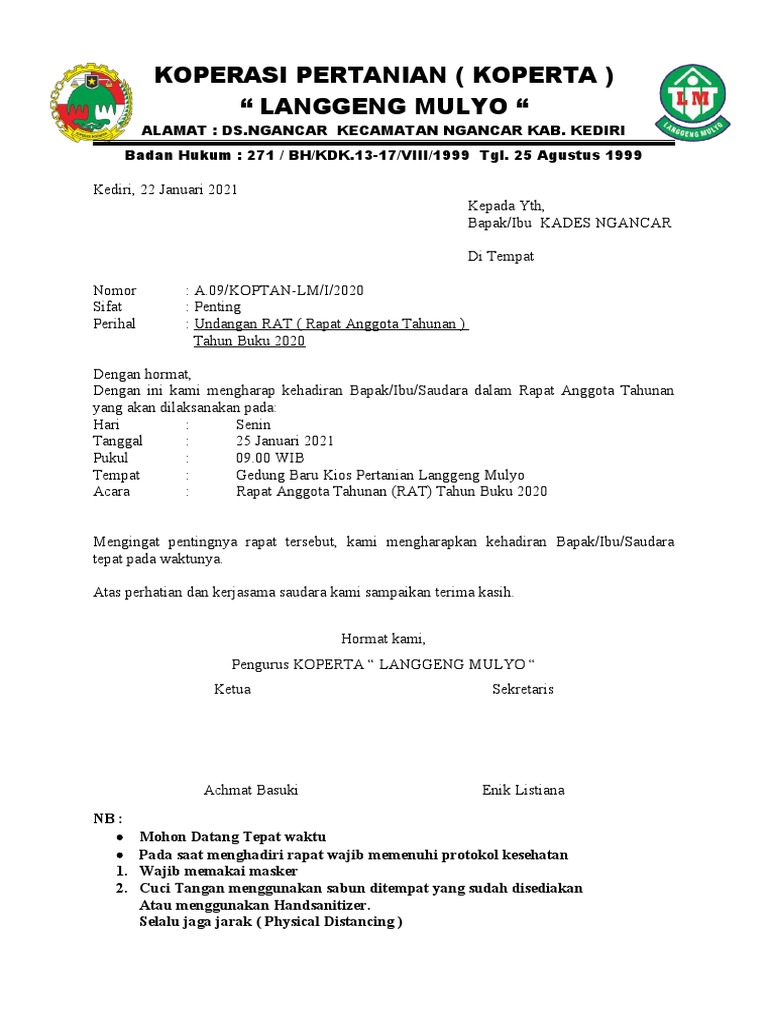 Contoh Undangan RAT 2020 - Dinas Koperasi | PDF
