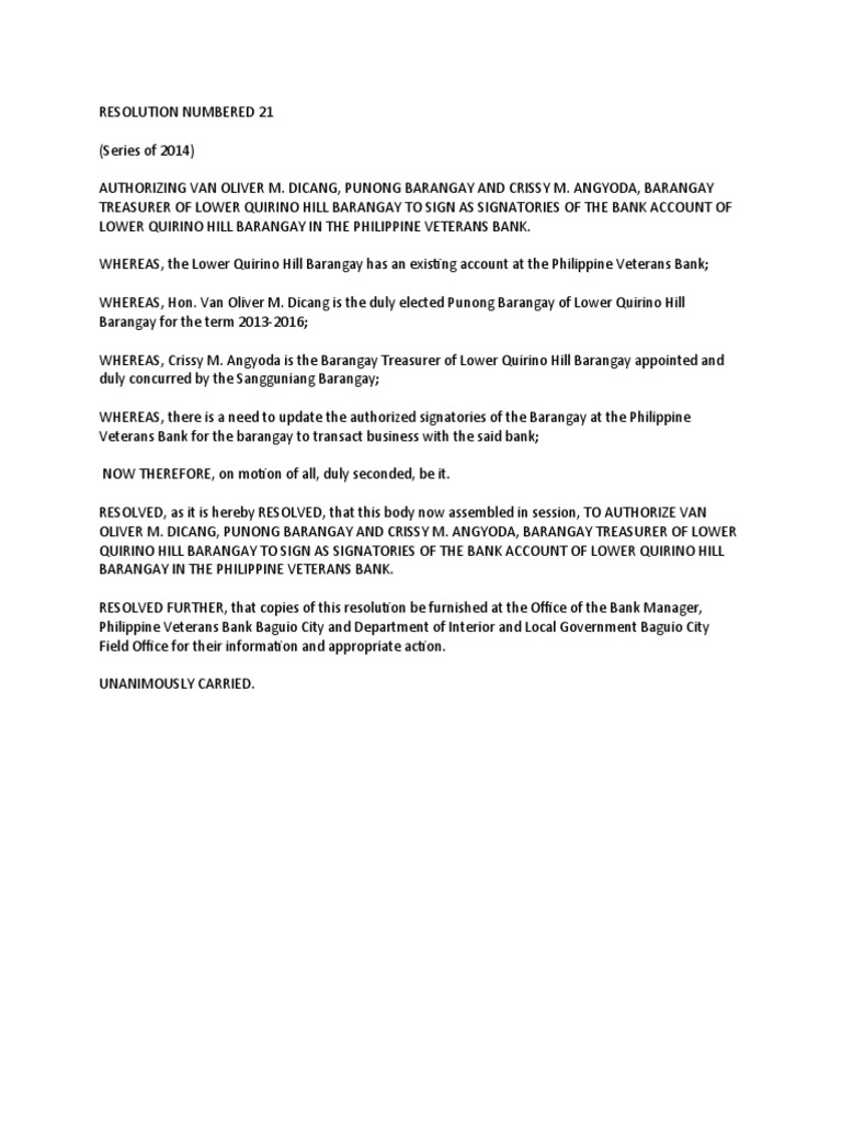 RESOLUTION Change in Signatories | PDF