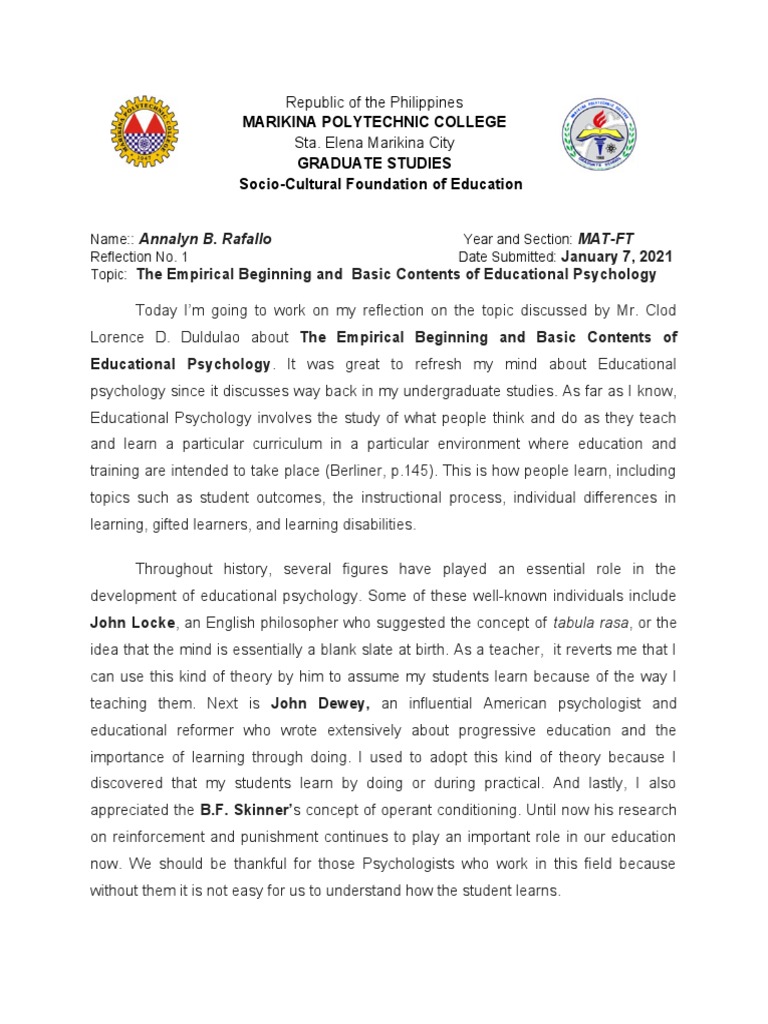 Reflection on Educational Psychology Basics | PDF | Educational ...