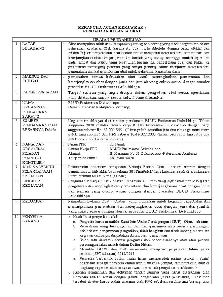 Contoh Kerangka Acuan Kerja (KAK) Pengadaan Langsung | PDF