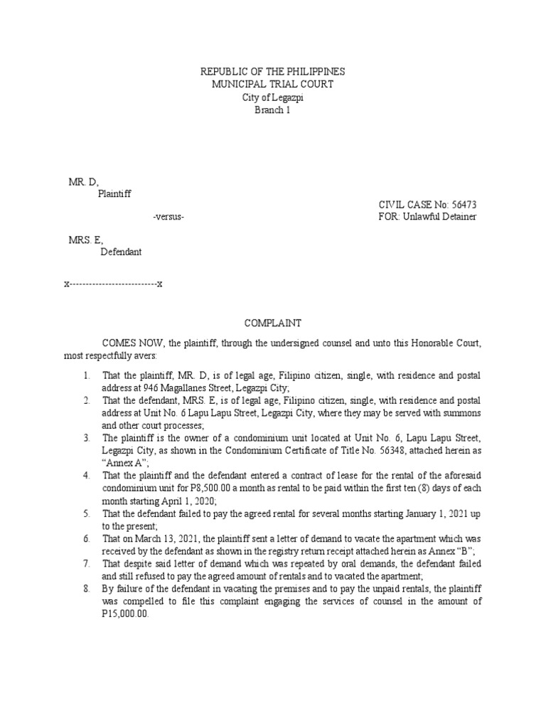 Complaint For Unlawful Detainer | PDF | Lawsuit | Public Law