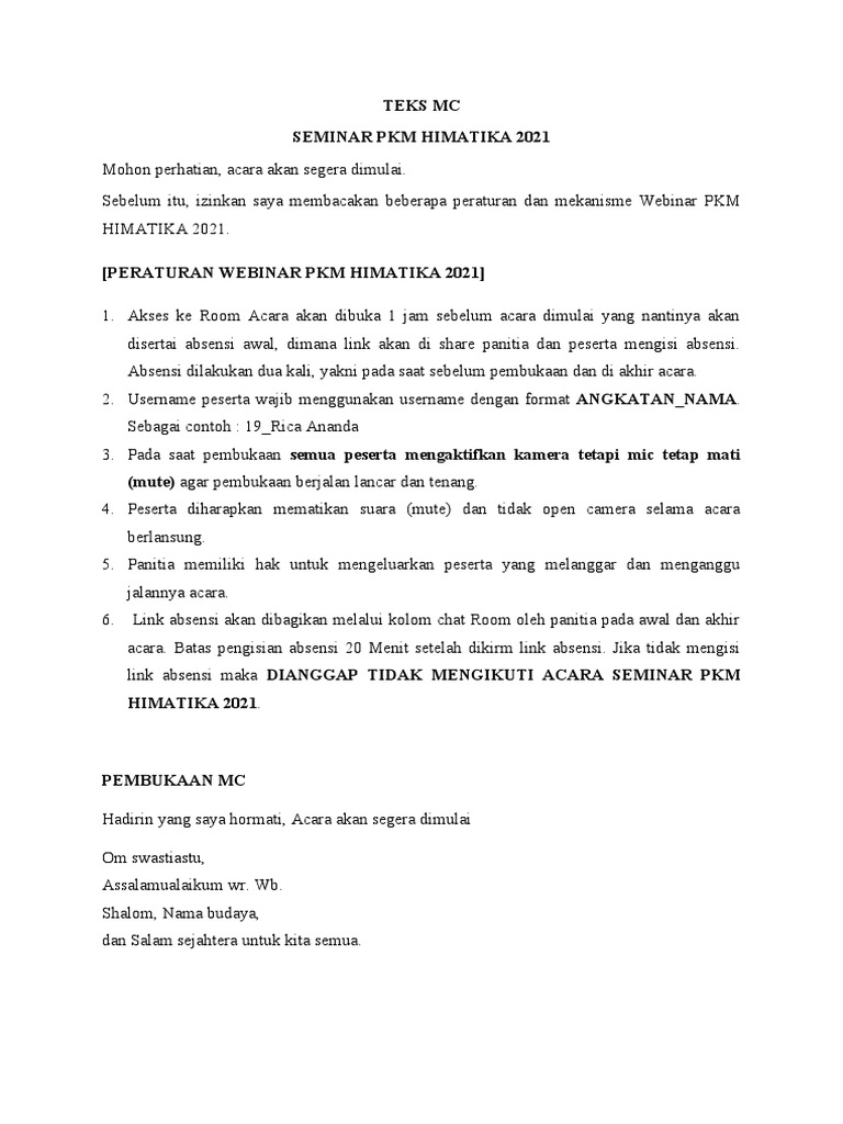 Teks MC Seminar PKM 2021 | PDF