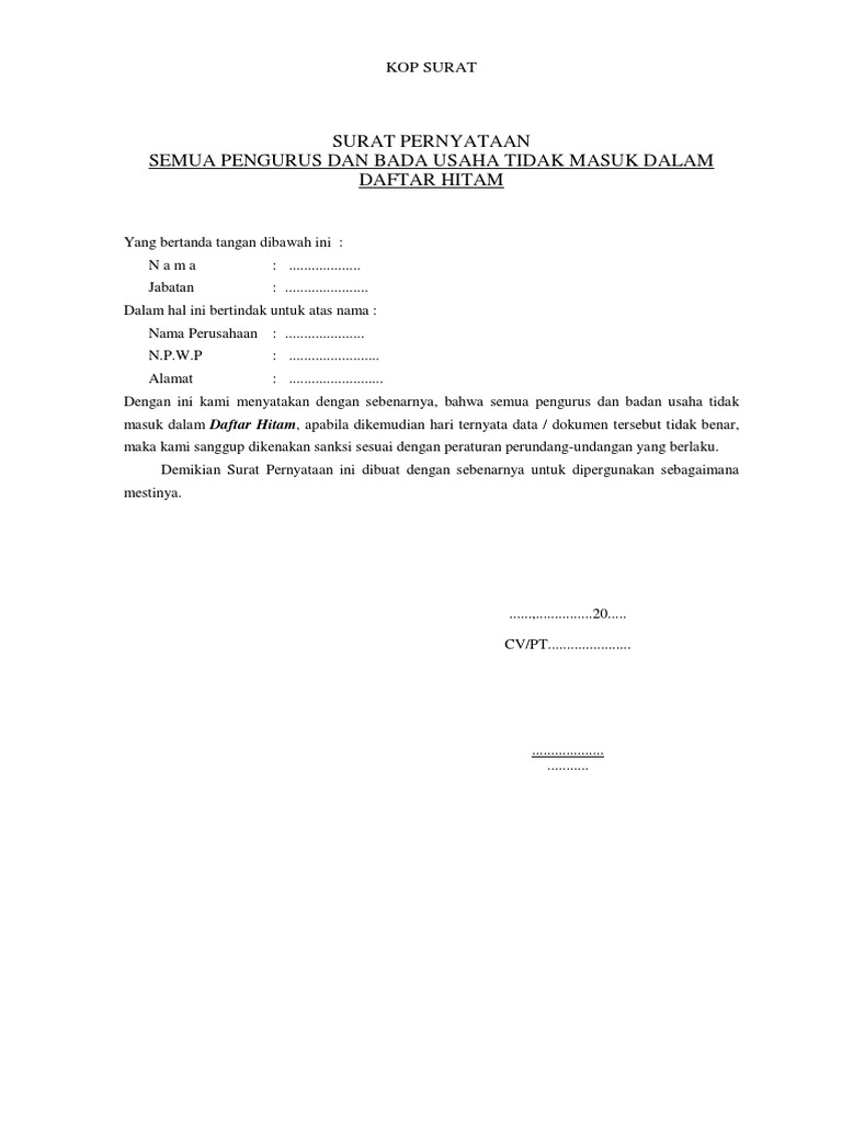 Contoh Surat Pernyataan Tidak Masuk Dalam Daftar Hitam | PDF