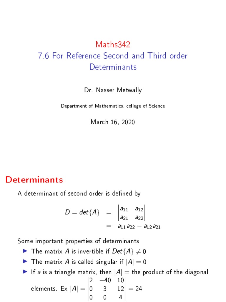 7.6 Second and Third Order Determinants | PDF | Determinant | Linear ...