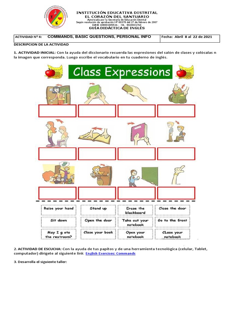 Actividad #4 Review Classroom Commands and Basic Questions | PDF ...
