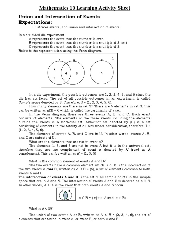 Union and Intersection of Events Expectations:: Sample Space Denoted by ...