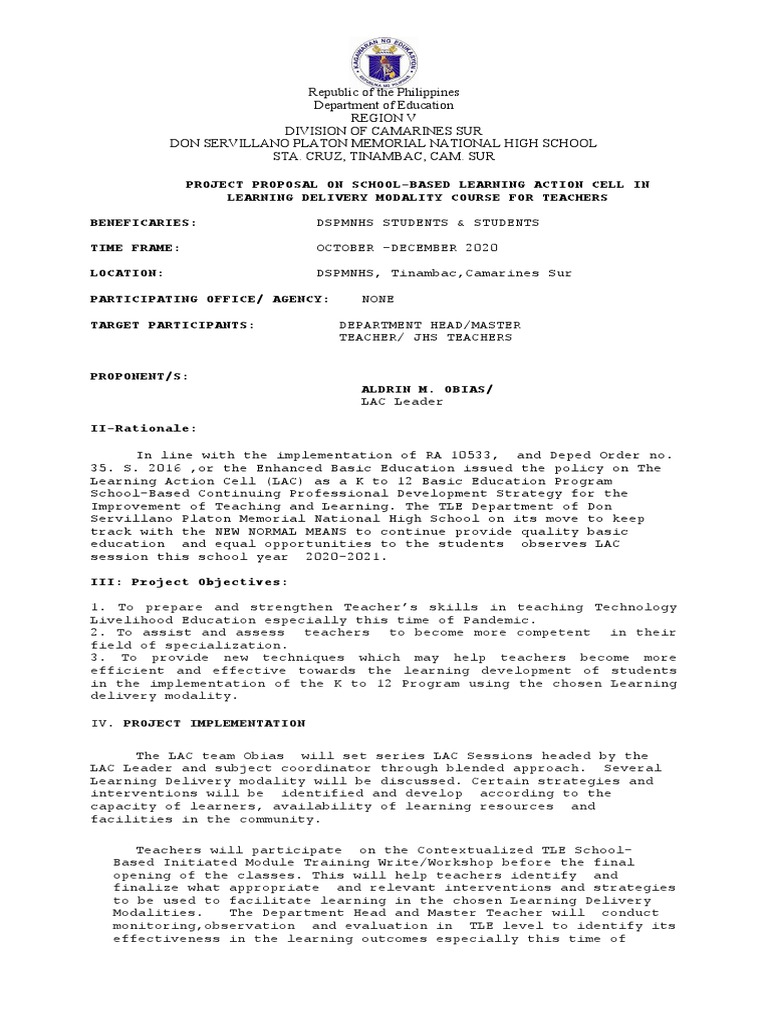 Lac Proposal | PDF | Teachers | Education Theory