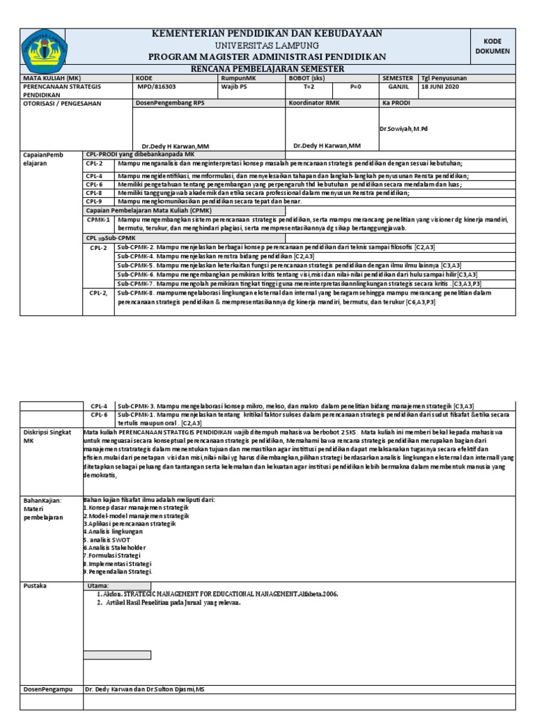 RPS Perencanaan Strategis Pendidikan 2020 | PDF