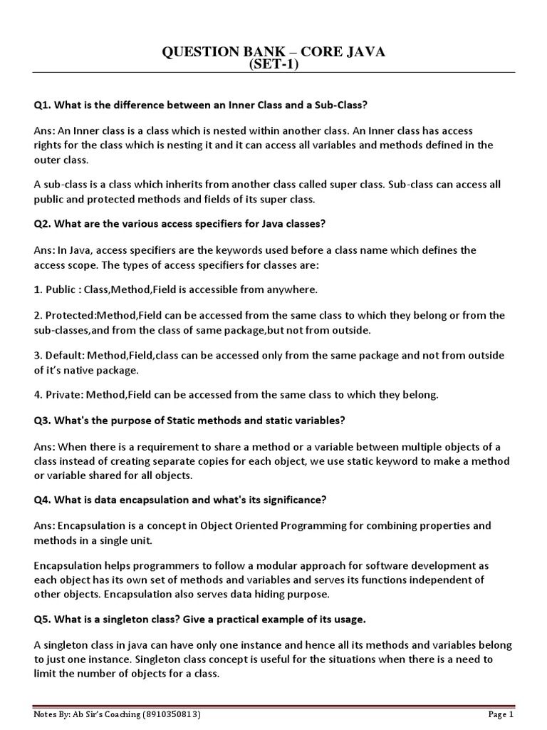 Core Java Question Bank (Set-1) | Download Free PDF | Method (Computer ...