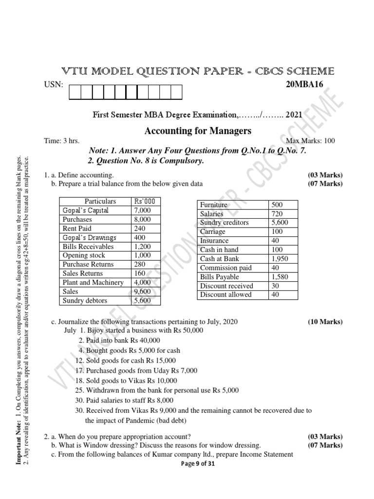 Vtu Model Question Paper - Cbcs Scheme: Accounting For Managers | PDF ...