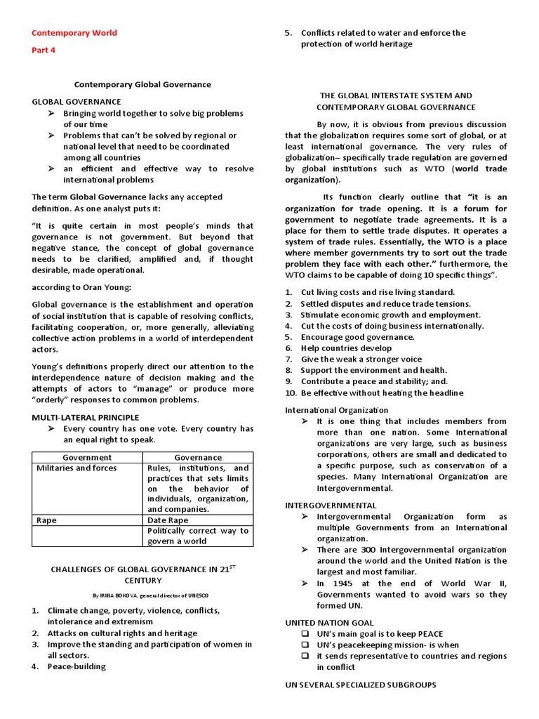 Contemporary World Reviewer Part 4 | PDF | Global Governance | United ...