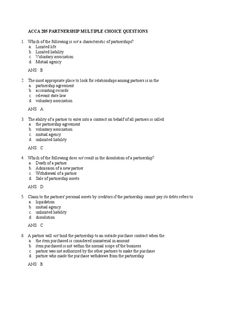 ACCA Partnership MCQs and Answers | PDF | Partnership | Book Value