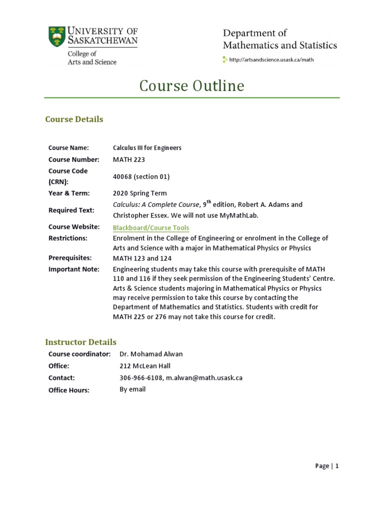 MATH 223 Spring 20 Course Outline | PDF | Derivative | Integral