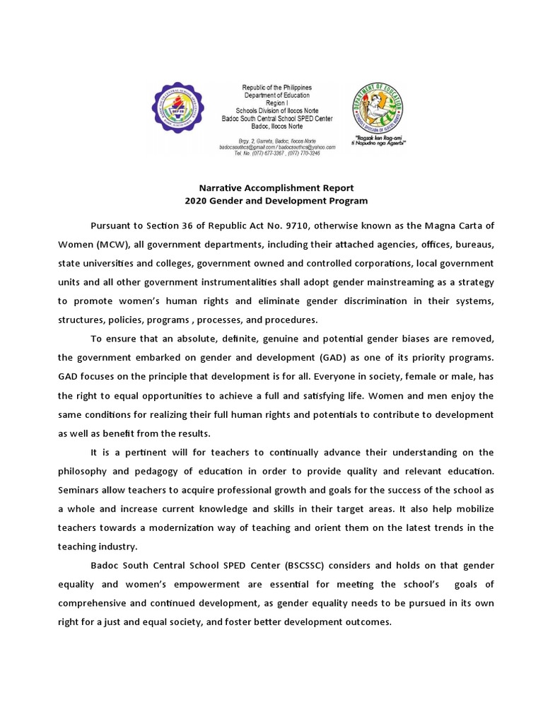 Narrative Accomplishment Report 2020 Gender and Development Program ...