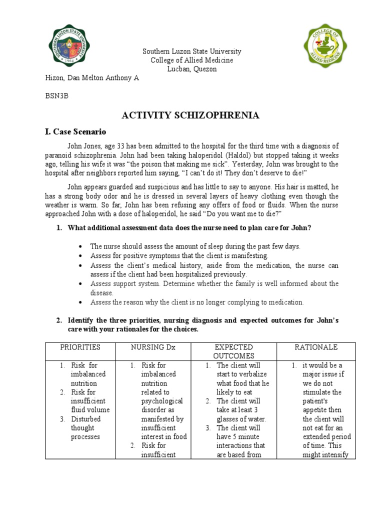 Activity Schizophrenia: I. Case Scenario | PDF | Delusion | Clinical ...