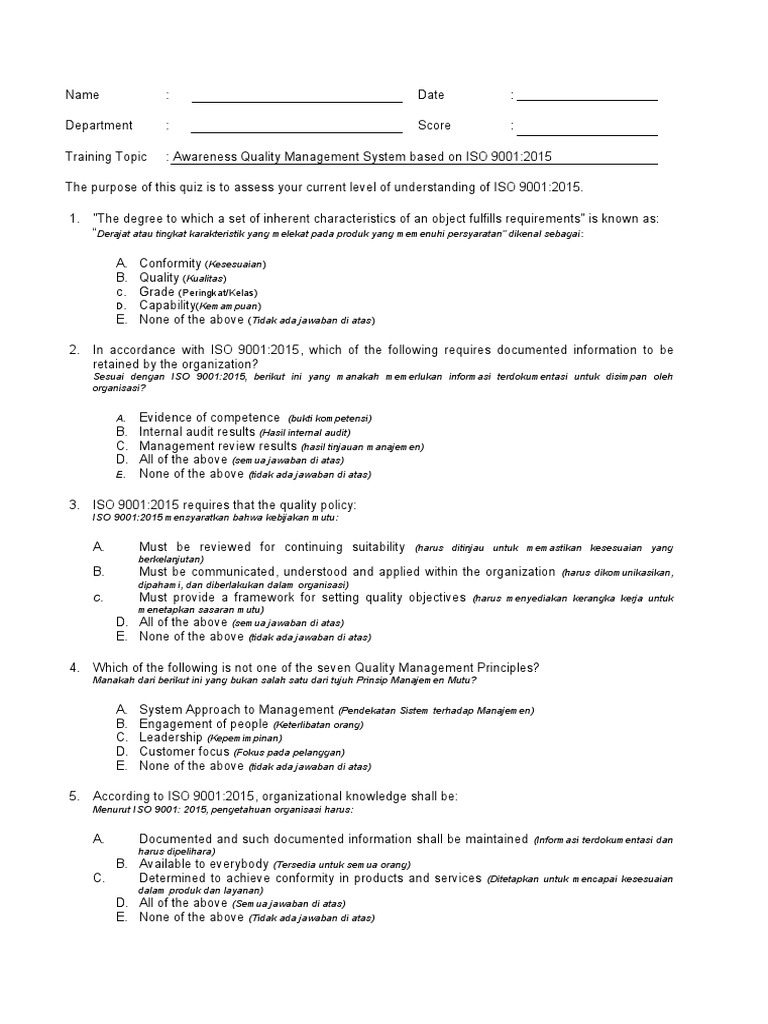 Training Quiz ISO 9001 2015 Print | PDF