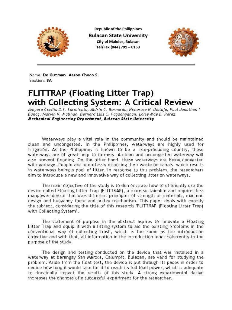 FLITTRAP (Floating Litter Trap) With Collecting System: A Critical ...