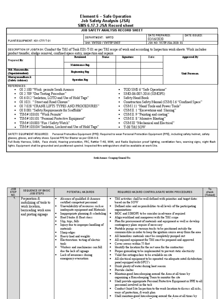 Element 6 - Safe Operation Job Safety Analysis (JSA) SMS 6.17.3 JSA ...