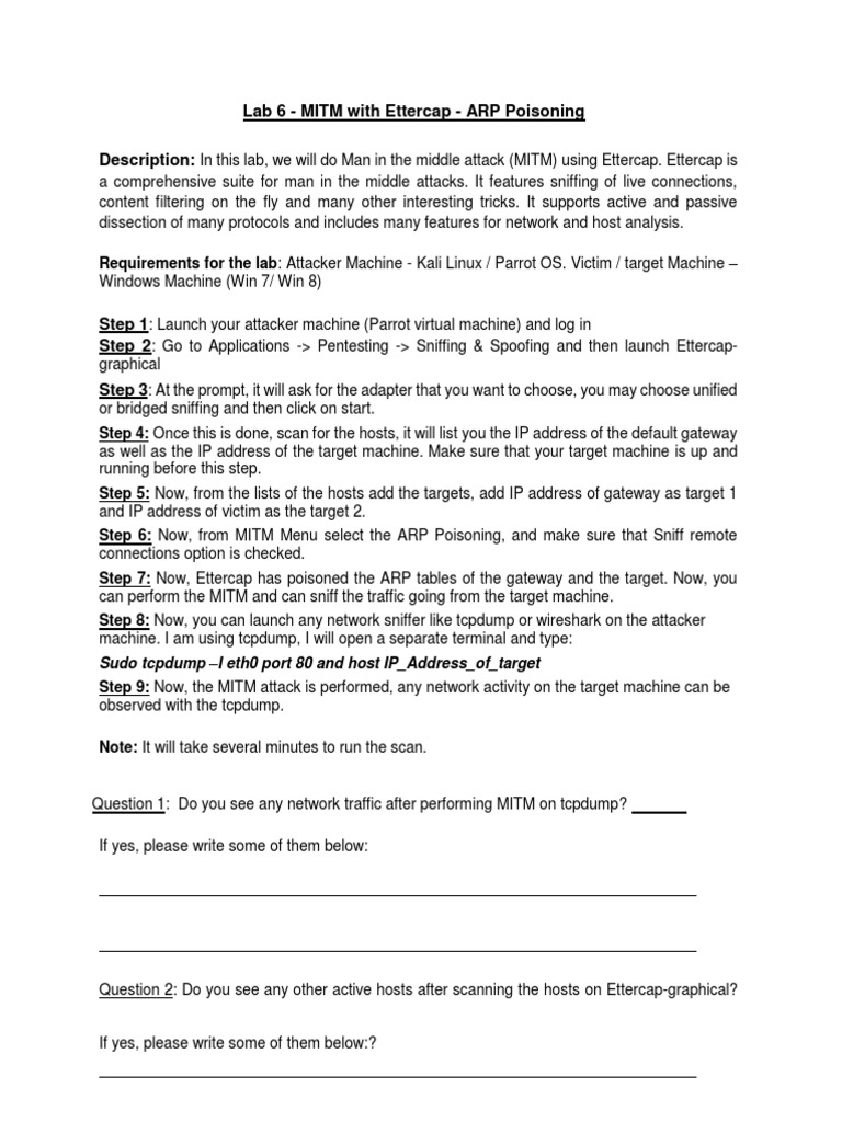 Lab 6 - MITM With Ettercap - ARP Poisoning | PDF | Computers