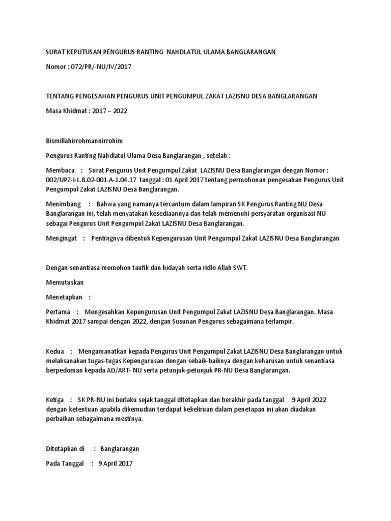 Contoh Surat Keputusan Pengurus Lazis Nu Ranting Nahdlatul Ulama ...