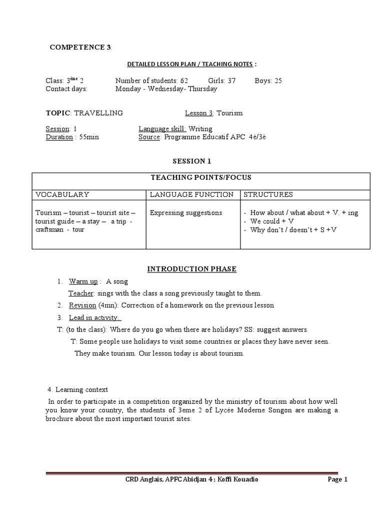 Topic: Travelling: Detailed Lesson Plan / Teaching Notes | PDF ...