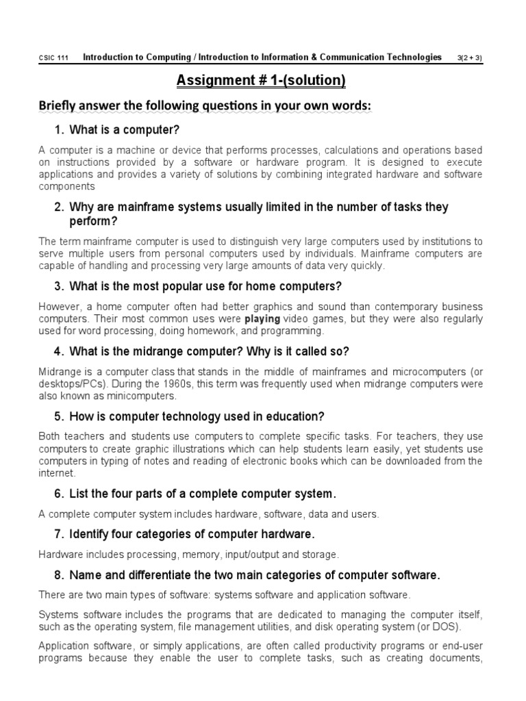 What Is A Computer Assignment 1 Solution Download Free Pdf Computer Hardware Software 