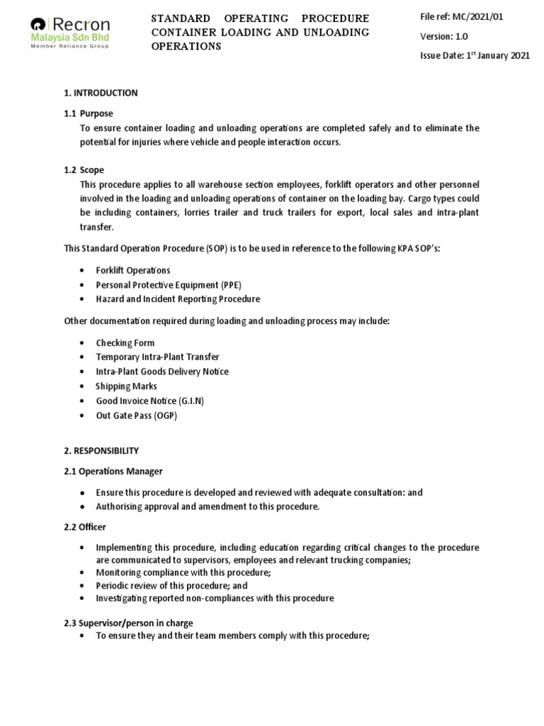 SOP Container Loading and Unloading | PDF | Forklift | Stevedore