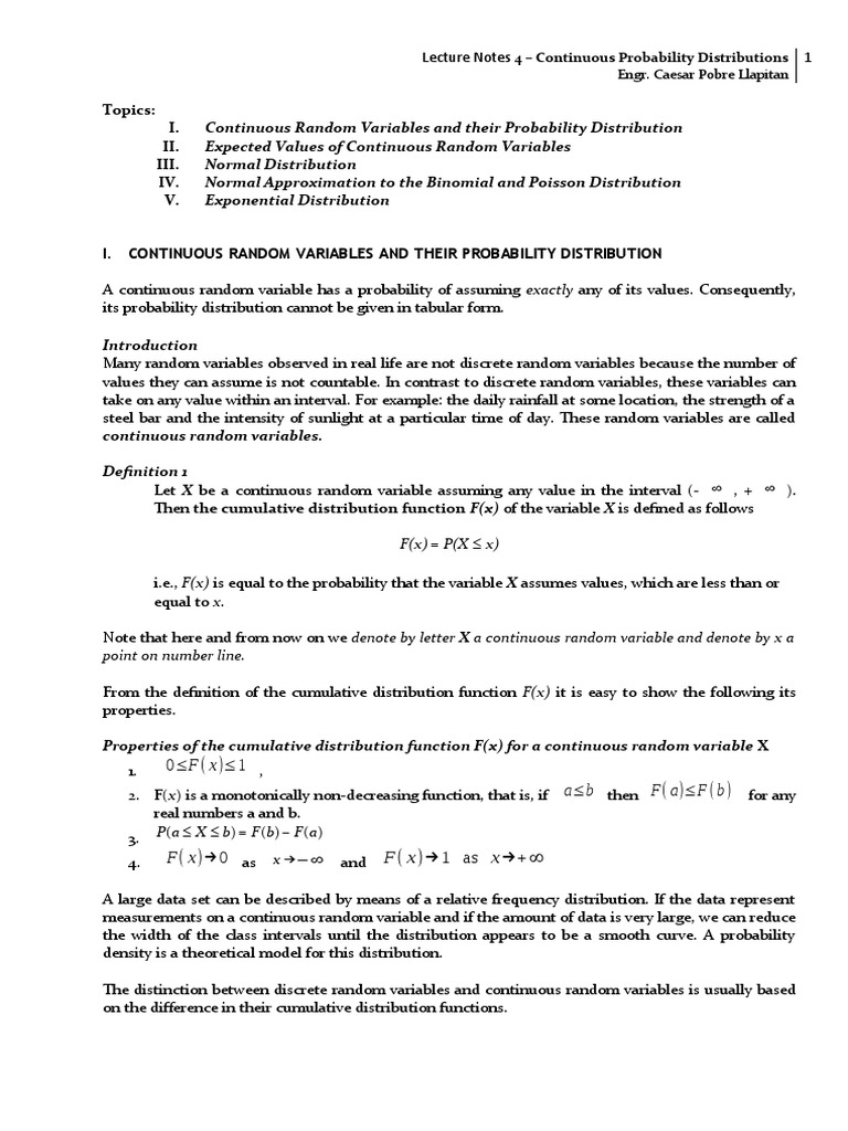 Lecture Notes 4 Continuous Probability Distributions | PDF ...