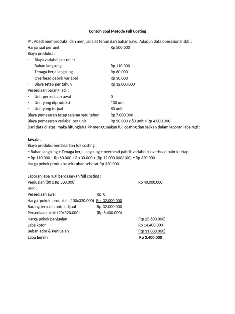 Contoh Perhitungan Full Costing | PDF | Pengelolaan Keuangan & Uang ...