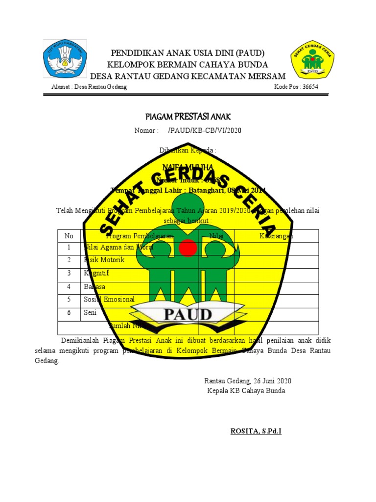 Piagam Prestasi Anak | PDF