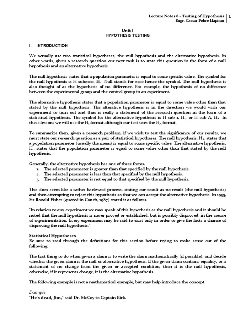 Lecture Notes 8 Testing Of Hypothesis Pdf Type I And Type Ii Errors Statistical Hypothesis