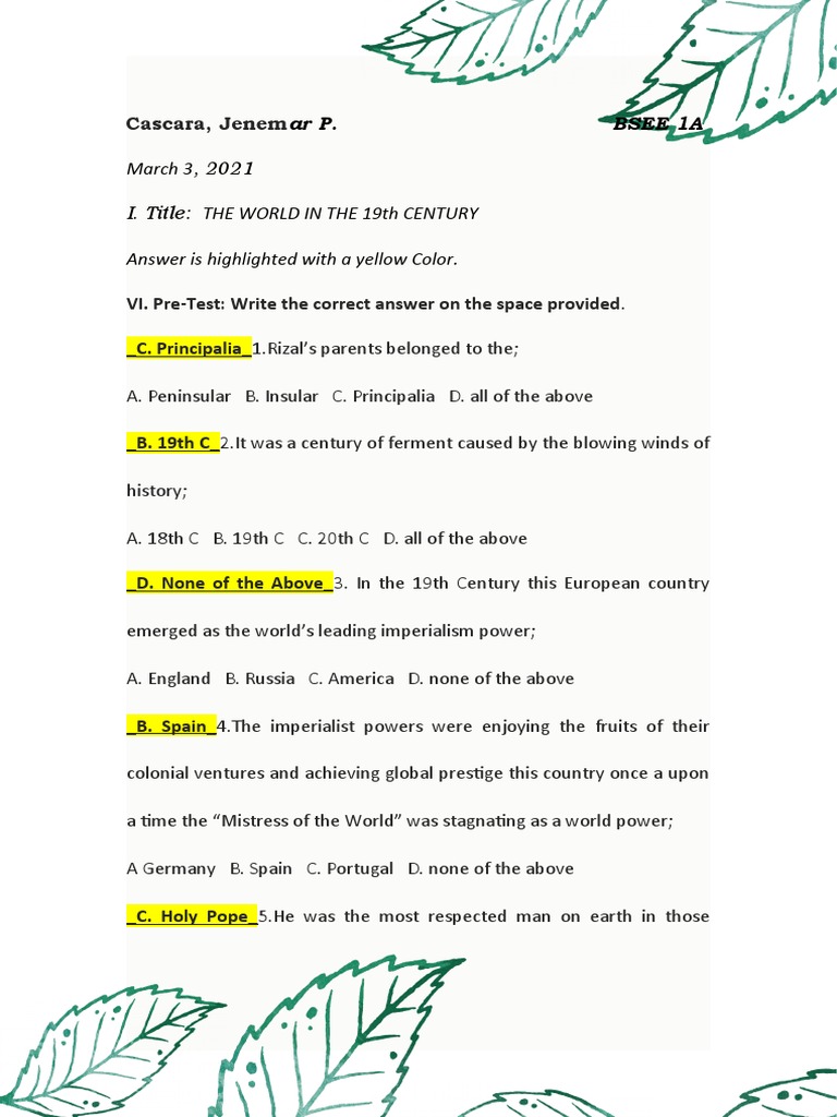 March 3, 2021 I. Title: The World in The 19Th Century Answer Is ...