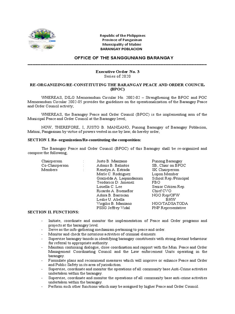 Office of The Sangguniang Barangay - Executive Order No. 3 | PDF ...