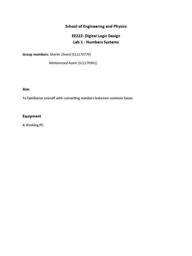 School Of Engineering And Physics Ee222 Digital Logic Design Lab 1 Numbers Systems Pdf 
