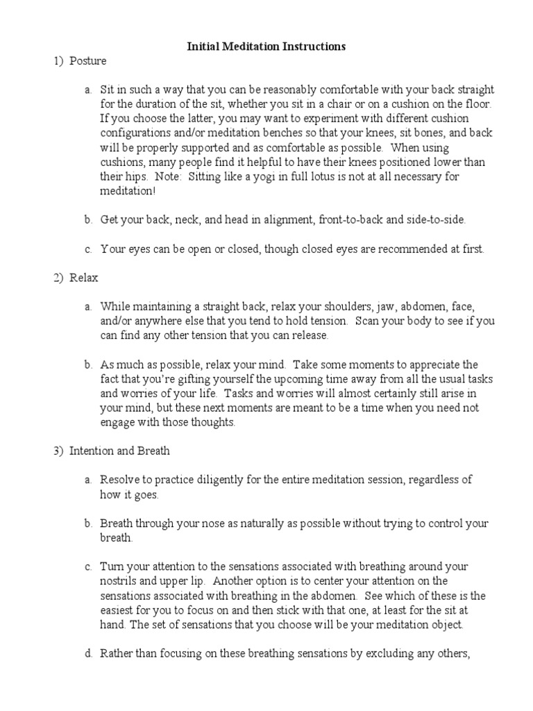 Beginning Meditation Handout | PDF | Meditation | Attention