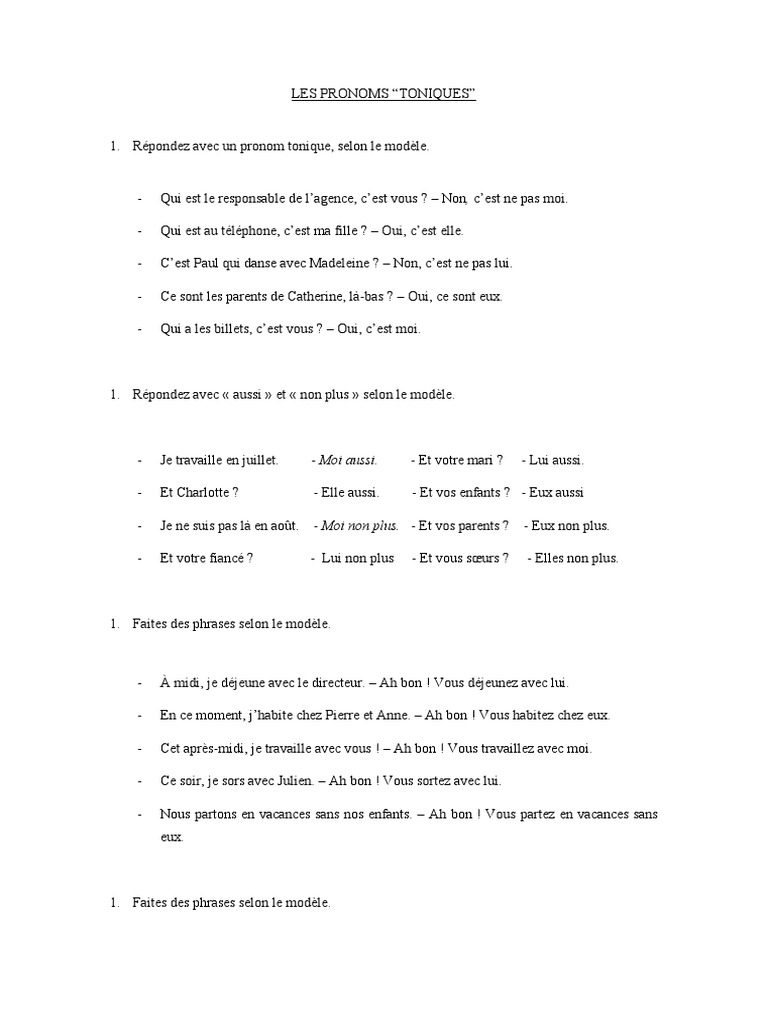 Exercices sur les pronoms toniques | PDF