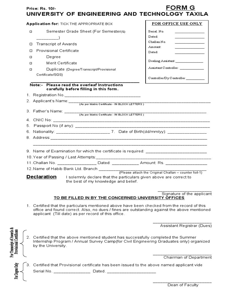 University of Engineering and Technology Taxila: Declaration | PDF | Business