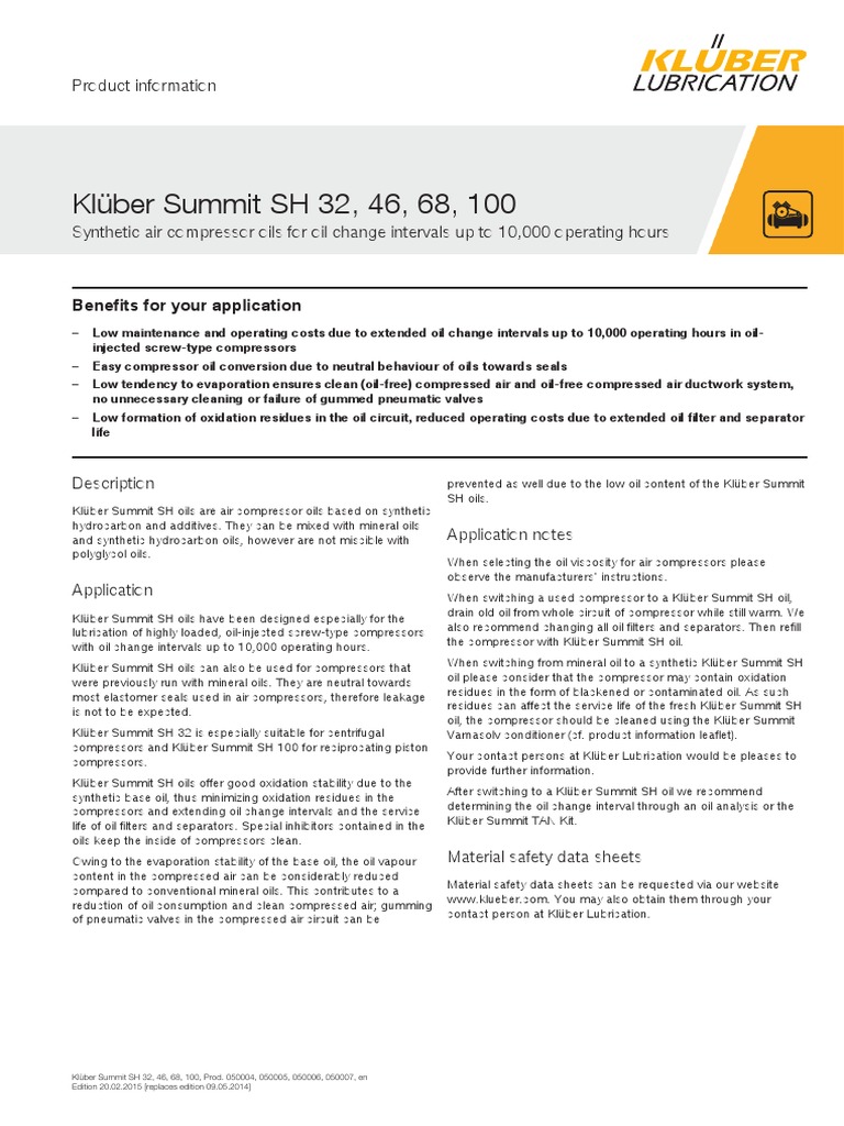 Klüber Summit SH 32, 46, 68, 100: Product Information | PDF | Motor Oil ...