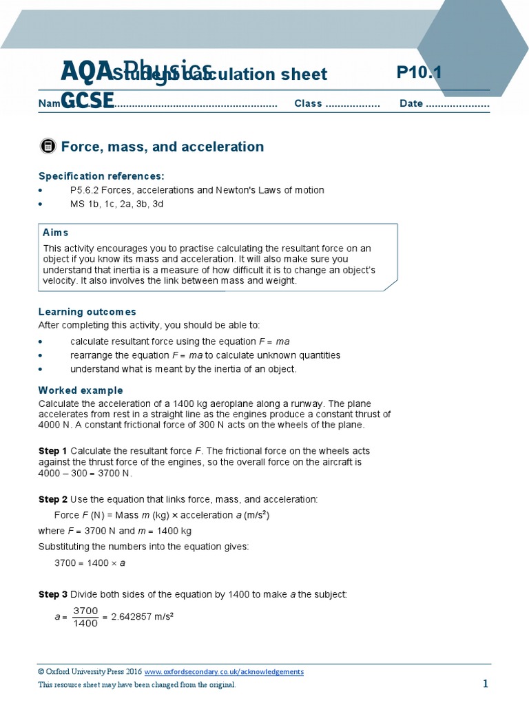 P10.1 Student Calculation Sheet: Force, Mass, and Acceleration | PDF ...