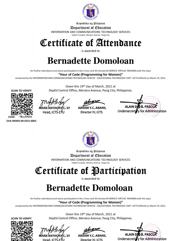 Hour of Code Programming For Women - Certificates | PDF