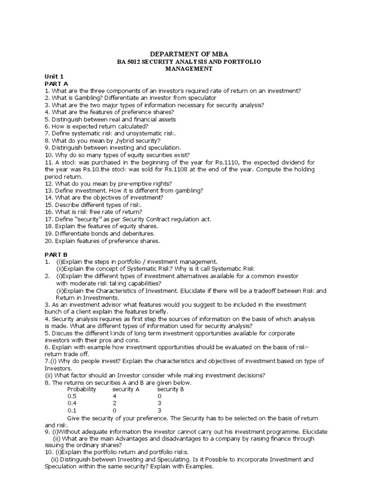 Ba 5012 Security Analysis and Portfolio Management Unit 1 Part A | PDF ...