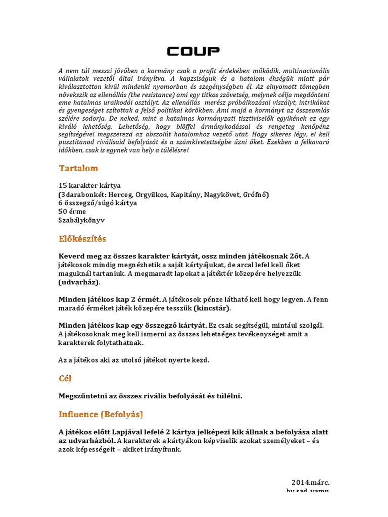 Coup Unofficial Hungarian Rules | PDF