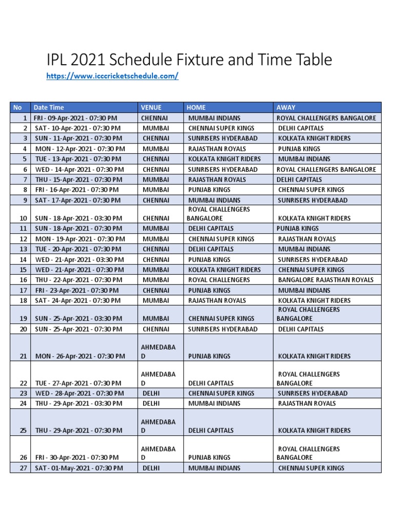 IPL 2021 Schedule Fixture and Time Table Download V1 | PDF | Cricket ...
