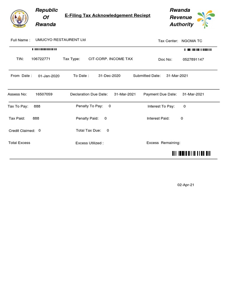 Republic Rwanda Revenue Authority Of: E-Filing Tax Acknowledgement ...