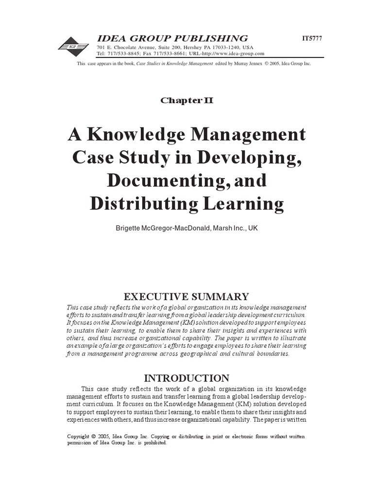 A Knowledge Management Case Study in Developing Documenting and Distributing Learning | Download ...