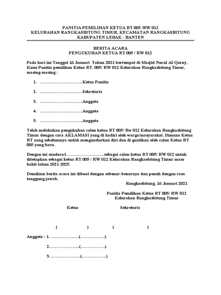 Berita Acara Pengukuhan Ketua RT 005 | PDF | Olahraga & Rekreasi ...